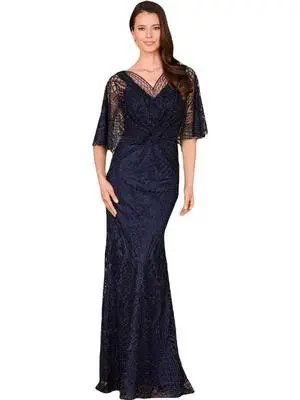 LARA NEW YORK Cape Sleeve Mermaid Gown - Navy