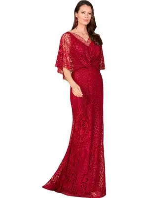 LARA NEW YORK Cape Sleeve Mermaid Gown - Red