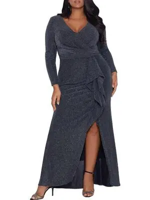 Betsy & Adam Metallic Long Sleeve Gown - Black/silver