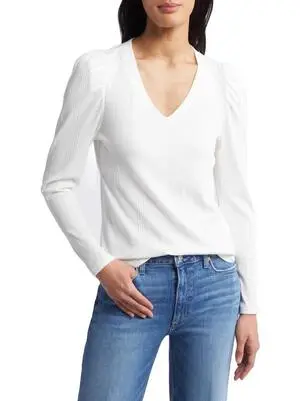 Wit & Wisdom Puff Shoulder Rib Top - White