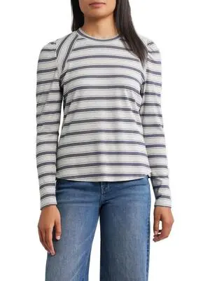 Wit & Wisdom Stripe Puff Shoulder Knit Top Heather Grey/navy