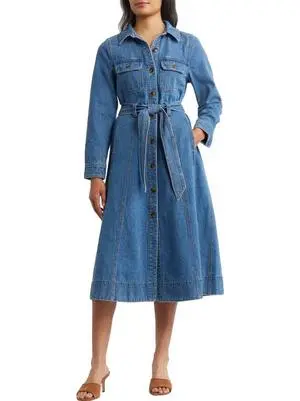 Wit & Wisdom Tie Waist Long Sleeve Denim Maxi Dress - Mid Blue