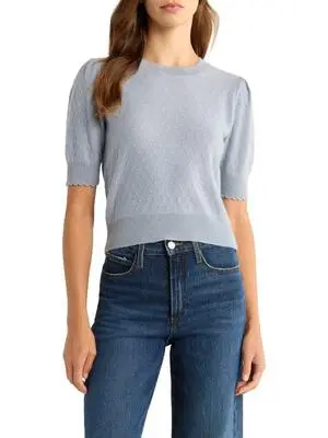 FRAME Puff Sleeve Pointelle Cashmere Sweater - Grey Blue