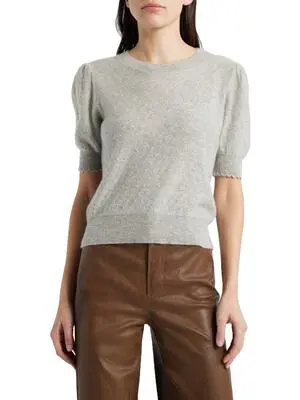 FRAME Puff Sleeve Pointelle Cashmere Sweater - Light Heather Grey