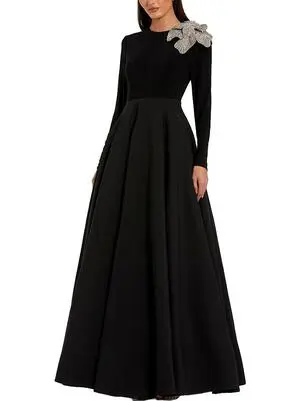 Mac Duggal Long Sleeve Taffeta Embellished 3d Flower Detail Ball Gown - Black