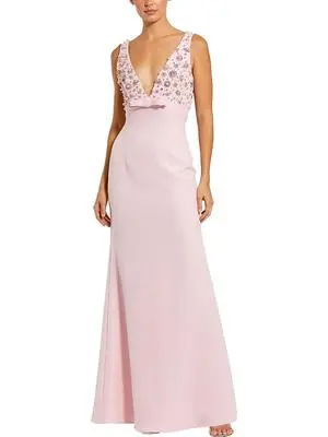 Mac Duggal Crepe Sleeveless Beaded V Neck Gown With Bow - Blush