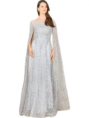 LARA NEW YORK Lace Gown With Cape Sleeves - Slate