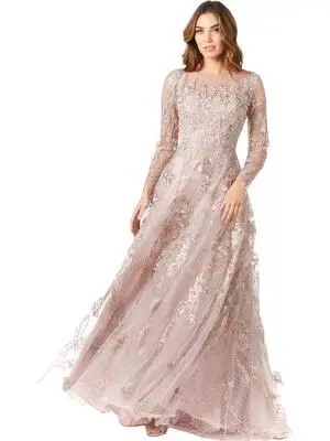 LARA NEW YORK Beaded Long Sleeve A-line Gown - Mauve
