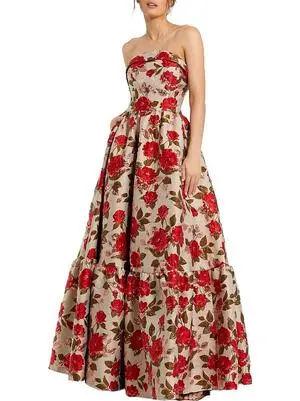 Mac Duggal Strapless Floral Brocade Gown - White Multi