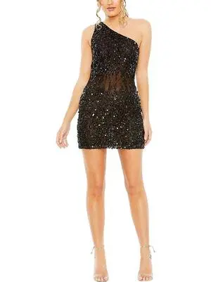 Mac Duggal One-Shoulder Beaded Mini Dress Black