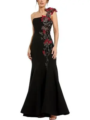 Mac Duggal One-shoulder 3d Floral Embroidered Gown - Black Multi