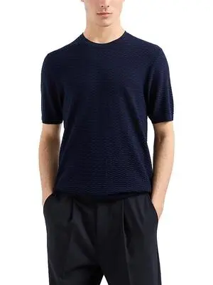 Emporio Armani Allover Jacquard Short Sleeve Sweater - Navy Blue