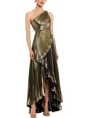 Mac Duggal Metallic Pleated One Shoulder Gown - Gold