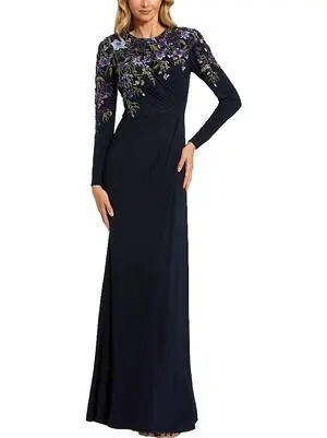 Mac Duggal Floral Embroidered Jersey Gown - Midnight