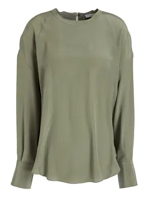 Brunello Cucinelli Bead-embellished Silk Crepe De Chine Blouse - Grey Green