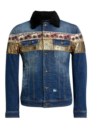 Dolce & Gabbana Metallic Jacquard-paneled Distressed Denim Jacket - Mid Denim