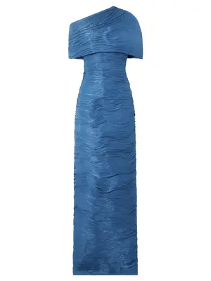MARMAR HALIM Marmar Halim One-shoulder Cape-effect Plissé Gown Blue