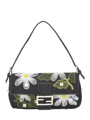 Fendi Floral Embroidered Denim Baguette - Navy