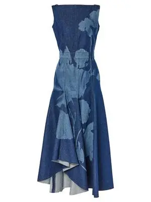 ERDEM Printed Floral Denim Midi Dress