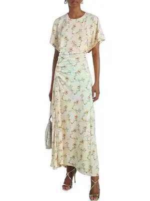 Rabanne Floral Gathered Midi Dress - Beige