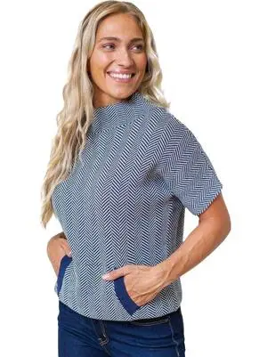 HOPE & HENRY Organic Cotton Mock Neck Sweater - Navy And White Herringbone