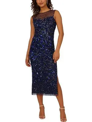 Adrianna Papell Beaded Sequin Embellishment Midi Dress - Light Navy