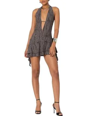 EDIKTED Shredded Halter Mini Dress - Brown