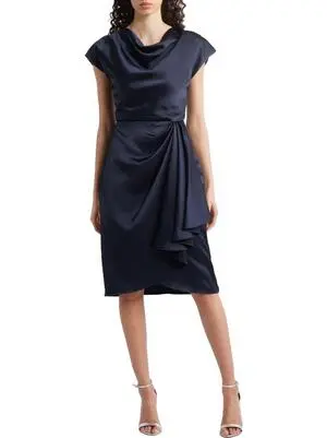 Amsale Cowl Neck Satin Sheath Dress - Navy