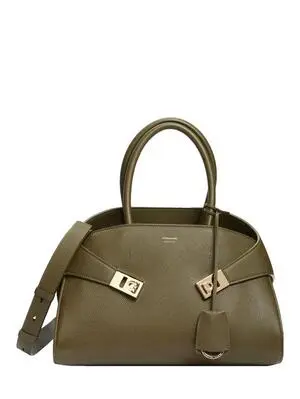 FERRAGAMO FERRAGAMO Small Hug Grained Leather Top Handle Satchel New Olive