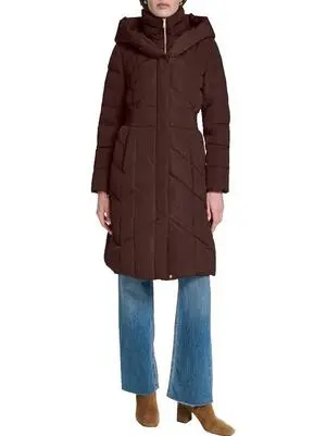 Cole Haan Taffeta Puffer Coat With Quilted Zip Bib - Chocolate