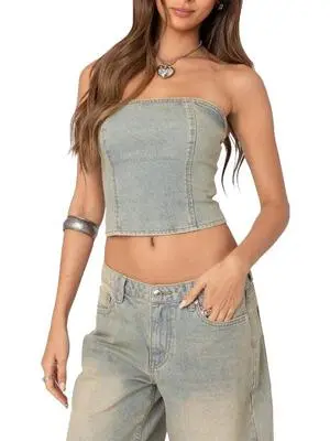 EDIKTED Shira Denim Crop Top - Blue-washed