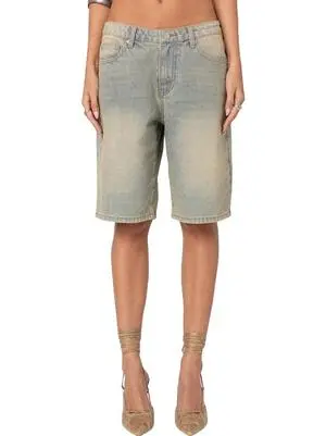 EDIKTED Shira Low Rise Bermuda Denim Shorts - Blue-washed