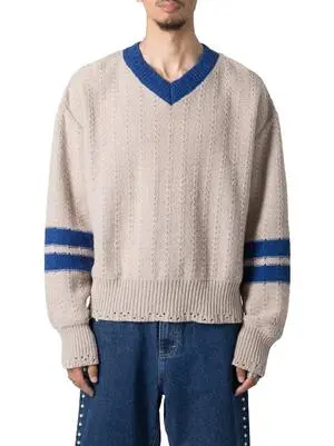 Mnml Varsity V-neck Sweater - Off White/blue