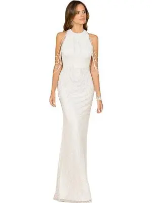 LARA NEW YORK Halter Neck Beaded Gown With Fringe - Ivory