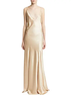 Saint Laurent Satin Drop Waist Gown - Beige Nude