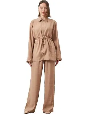 MIZALLE Mizalle Cinched Waist Shirt Jacket Beige