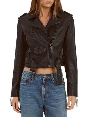 Bardot Crop Leather Moto Jacket - Black