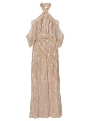 RAISHMA Embellished Cross Front Maxi Dress - Nude