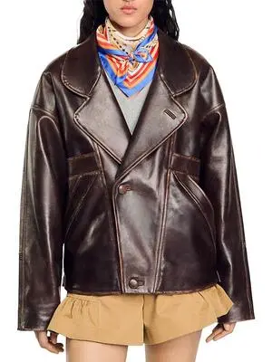 Sandro Clem Leather Jacket Brown