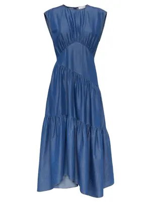 FRAME Gathered Tiered Denim Midi Dress - Blue