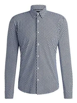 BOSS Slim-fit Micro Square-print Stretch-woven Shirt - Navy