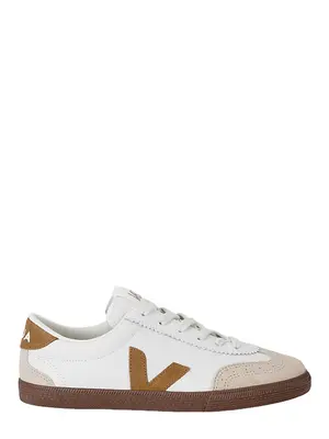 VEJA Volley Logo-Embroidered Leather Low-Top Trainers Tan Comb