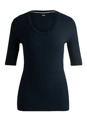 BOSS Scoop-neck Ribbed Stretch-jersey Top - Dark Blue
