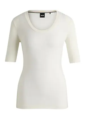 BOSS Scoop-neck Ribbed Stretch-jersey Top - Open White