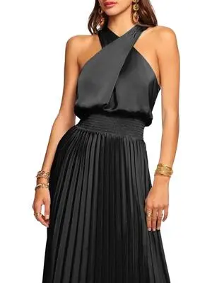 Ramy Brook Arina Pleated Halter Midi Dress - Black