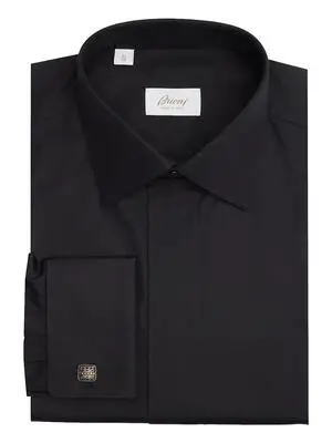 Brioni Men's Cotton Poplin French-Cuff Dress Shirt Black