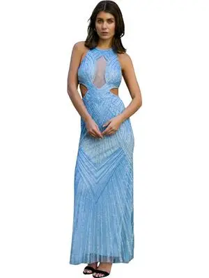 LARA NEW YORK Halter Neck Beaded Dress With Cutouts - Periwinkle