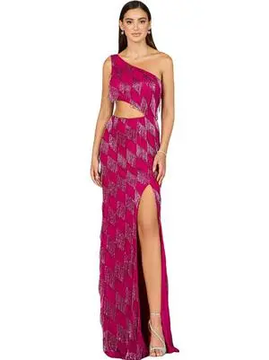 LARA NEW YORK One-shoulder Fringe Gown - Raspberry