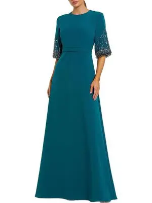 Mac Duggal Crêpe Beaded-sleeve A-line Gown - Ocean