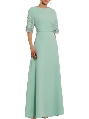 Mac Duggal Crêpe Beaded-sleeve A-line Gown - Sage